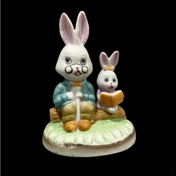 Lefton | Accents | Lefton Grandpa Bunny Girl Bunny Reading On A Log ...